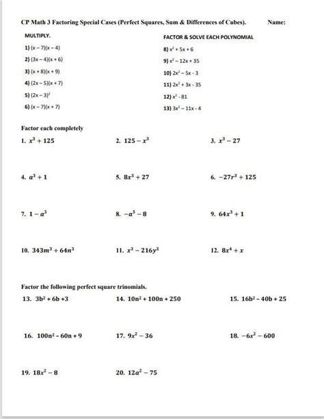Solved Name Cp Math 3 Factoring Special Cases Perfeet