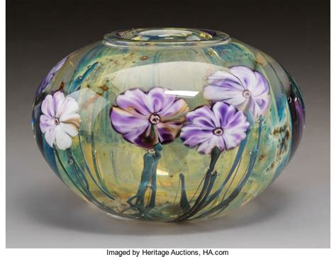 Josh Simpson Internally Decorated Glass Violets Vase 1985 Late 20th
