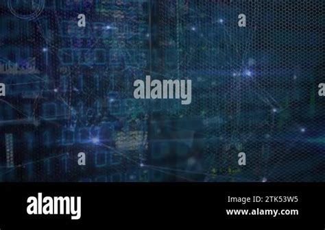 Animation Of Dots And Icons Connected By Lines Lens Flare And Binary