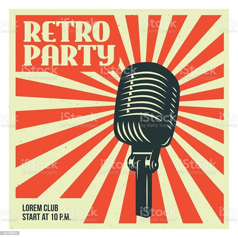 오래된 마이크가있는 복고풍 파티 포스터 템플릿 벡터 빈티지 일러스트레이션 마이크에 대한 스톡 벡터 아트 및 기타 이미지