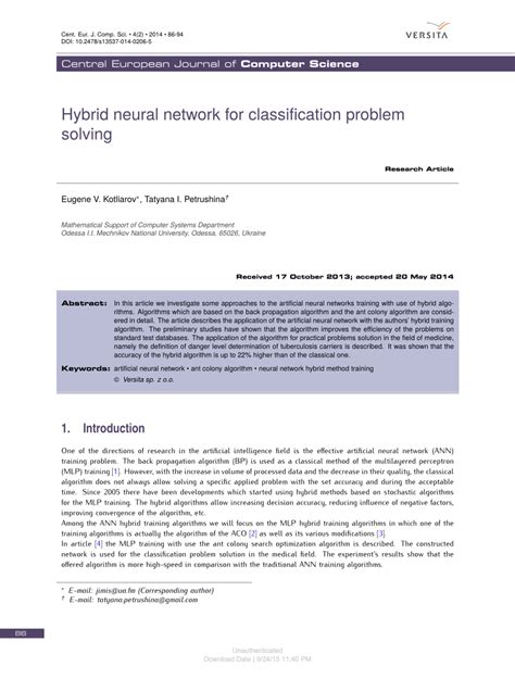 pdf hybrid neural network for classification problem solving