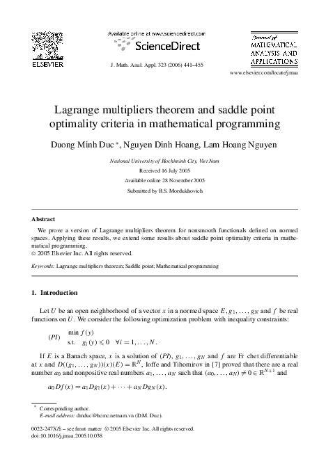 Pdf Lagrange Multipliers Theorem And Saddle Point Optimality Criteria