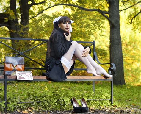 Wallpaper Women Model Sitting Stockings Bench Feet Lingerie Spring Autumn Season