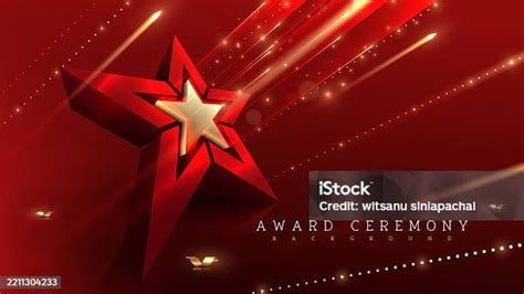 리본과 빛나는 광선으로 장식 된 우아한 3d 황금 별이있는 빨간 럭셔리 시상식 배경 벡터 일러스트 레이 션 공연에 대한 스톡 벡터 아트 및 기타 이미지 Istock