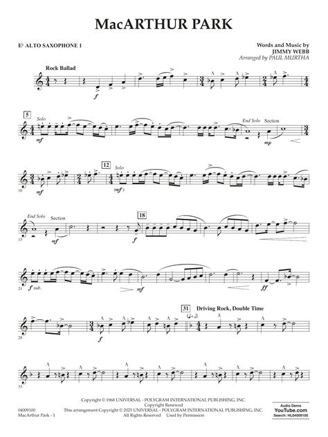 Macarthur Park Arr Paul Murtha Eb Alto Saxophone 1 By Jimmy Webb