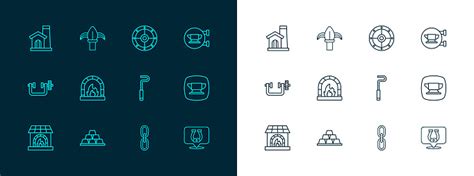 세트 라인 대장장이 모루 도구 금괴 화재 부지깽이 체인 링크 오븐 라운드 방패 대장간 작업장 인테리어 및 클래식 철 울타리 아이콘 벡터 강철에 대한 스톡 벡터 아트 및 기타