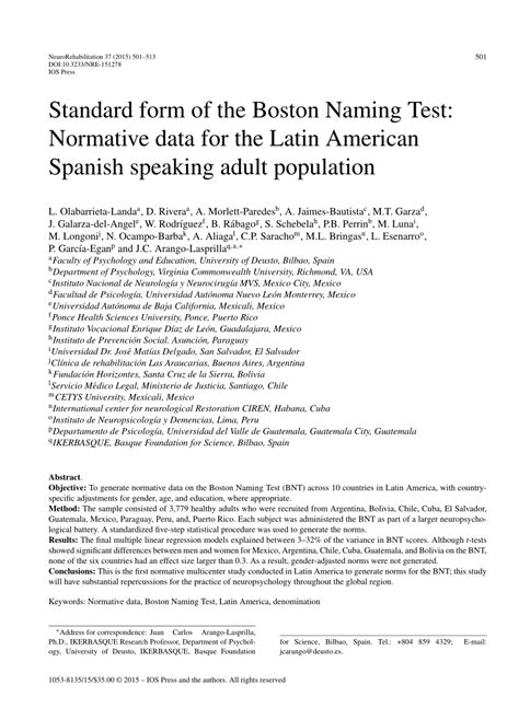 Pdf Standard Form Of The Boston Naming Test Normative Data For The Latin American Spanish