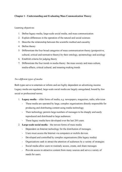 Summary First Chapter Chapter 1 Understanding And Evaluating Mass Communication Theory