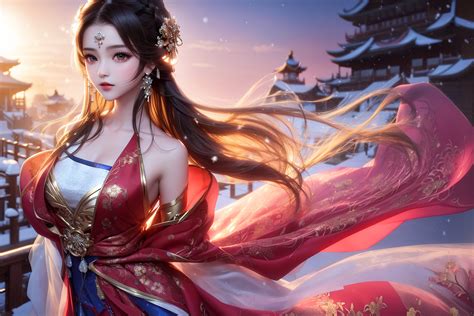 Women Asian Looking At Viewer AI Art Dress Sunset Glow Snow