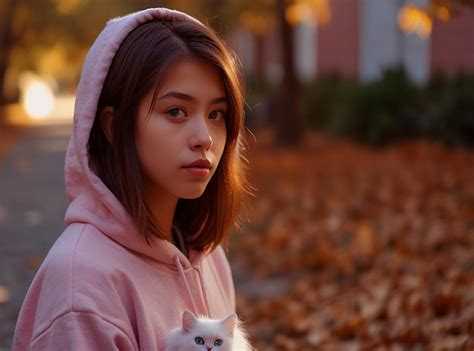Premium Photo A Girl With A Cat On Her Shoulder
