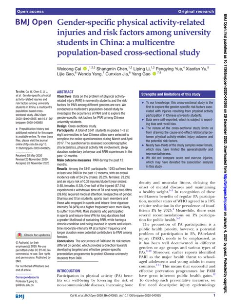 Pdf Gender Specific Physical Activity Related Injuries And Risk Factors Among University