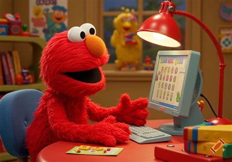 Elmo The Puppet Sits At A Red Desk Looking At A Computer Screen And