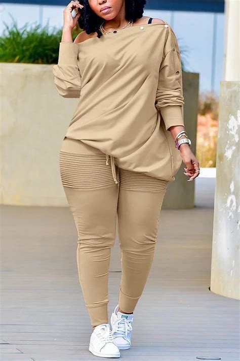 Xpluswear Plus Size Casual Solid Split Joint Oblique Collar Two Pieces