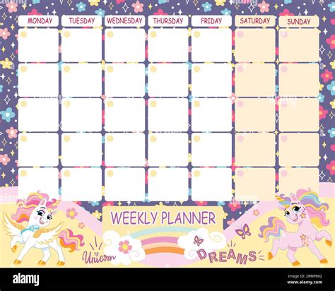 Timetable With Cute Cartoon Unicorns And Flowers Rainbow Girly Weekly