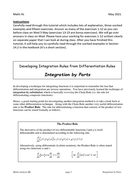 math hl integration by parts tutorial pdf science and mathematics