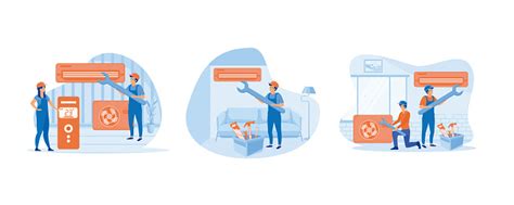 유지 보수 냉각 시스템 설치 에어컨 수리 또는 장치 고장이 있는 설치 유지 보수 서비스 세트 플랫 벡터 현대 일러스트 레이 션 개념에 대한 스톡 벡터 아트 및 기타 이미지