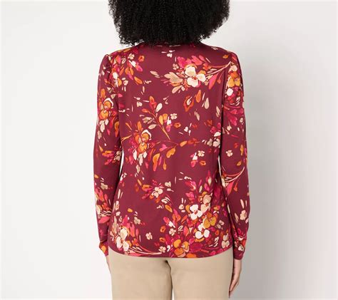 Susan Graver Printed Brushed Liquid Knit Mock Neck Long Puff Sleeve Top