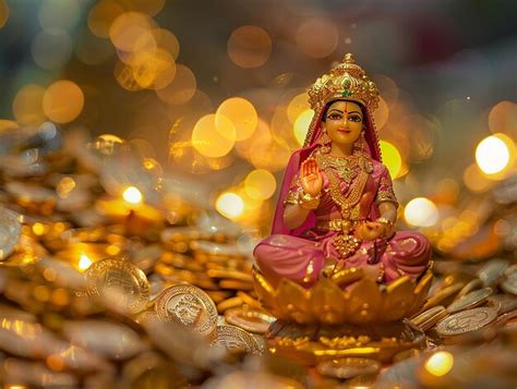 Hindu Goddess Lakshmi Doll Sitting On A Pile Of Gold Premium Ai