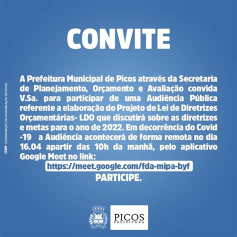 Prefeitura De Picos Prefeitura Convida Para Audiência Pública Que