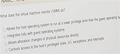 Solved What Does The Virtual Machine Monitor VMM Do Chegg Com