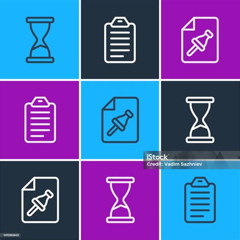 줄 오래된 모래 시계 푸시 버튼이있는 메모 용지 및 할 일 목록 또는 계획 아이콘을 설정합니다 벡터 0명에 대한 스톡 벡터 아트 및 기타 이미지 Istock