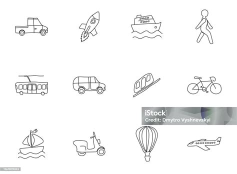 흰색 배경에 격리된 전송 손 그린 선형 벡터 아이콘입니다 웹 및 Ui 디자인 모바일 앱 및 인쇄 제품을 위한 전송 낙서 아이콘 세트 교통에 대한 스톡 벡터 아트 및 기타