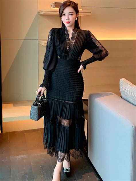 New Fashion Runway Party Dress Women Sexy V Neck Long Lantern Sleeve