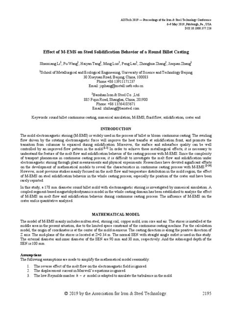 Effect Of M Ems On Steel Solidification Behavior Of A Round Billet Casting Pdf Casting