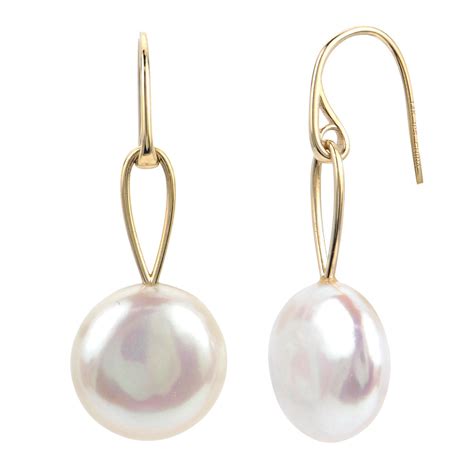 14k Gold 11 12mm Cultured Freshwater Coin Pearl Dangle Earrings