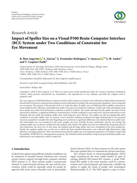 Pdf Impact Of Speller Size On A Visual P300 Brain Computer Interface Bci System Under Two