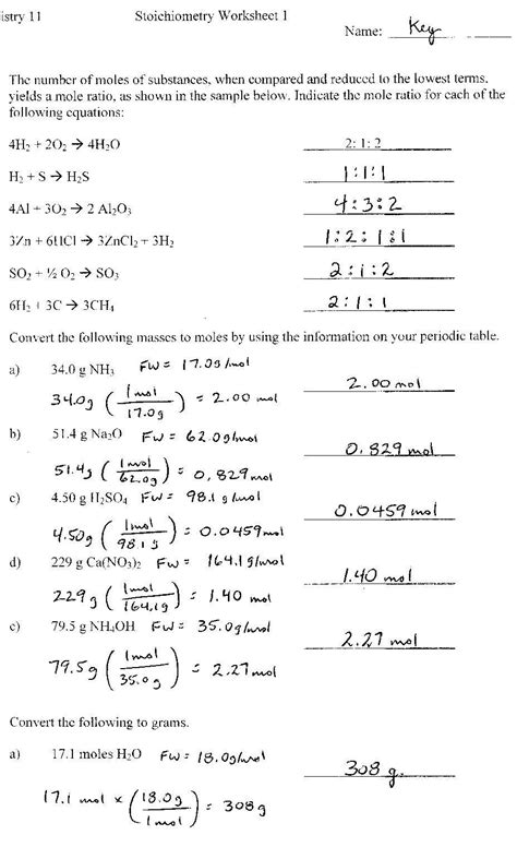 Stoichiometry Worksheets 1 Answers