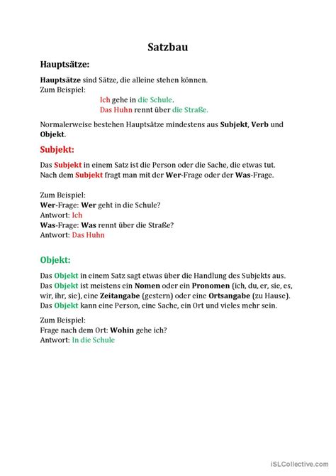 Satzbau Grammatikerklärungen Deutsch Daf Arbeitsblätter Pdf And Doc