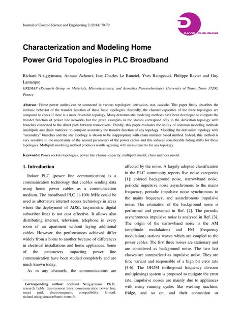 PDF Characterization And Modeling Home Power Grid Topologies In PLC Broadband