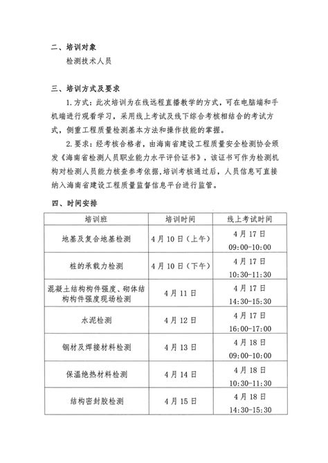 关于举办2023年3月海南省检测人员职业能力水平评价培训班的通知 海南省建设工程质量安全检测协会检测分会 官网