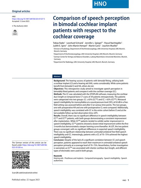 Pdf Comparison Of Speech Perception In Bimodal Cochlear Implant