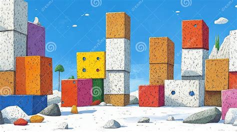 A Colorful Landscape Of Abstract Block Structures Against A Bright Blue