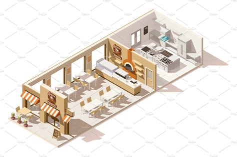 Vector Isometric Low Poly Pizzeria Restaurant Interior