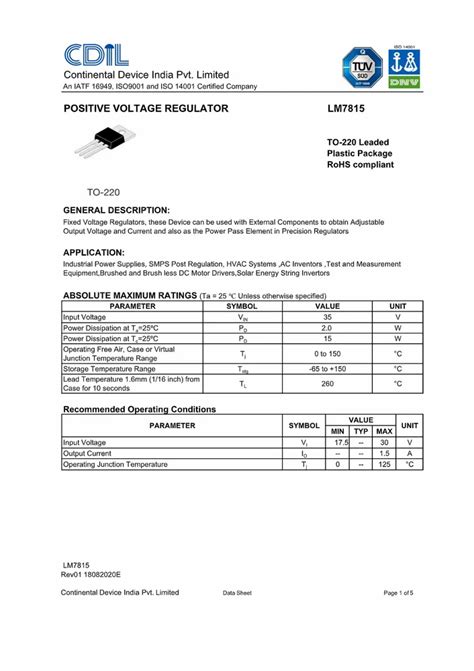 Single Phase L7815 Voltage Regulator Ic Cdil To220 Model Namenumber