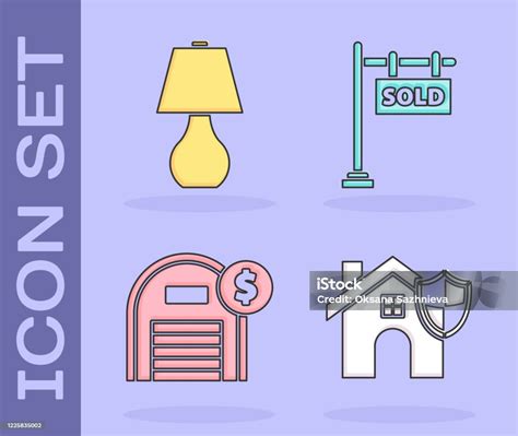 방패 테이블 램프 달러 기호와 텍스트 판매 아이콘 매달려 기호와 창고와 집을 설정합니다 벡터 가구에 대한 스톡 벡터 아트 및 기타 이미지 Istock
