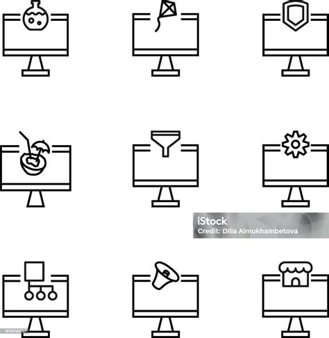 Ui 광고 선 스타일로 그려진 책에 대한 표지판 세트 편집 가능한 획 연 실험실 전구 방패 코코넛 깔때기 기어 지도 컴퓨터의 집 아이콘 0명에 대한 스톡 벡터 아트 및 기타