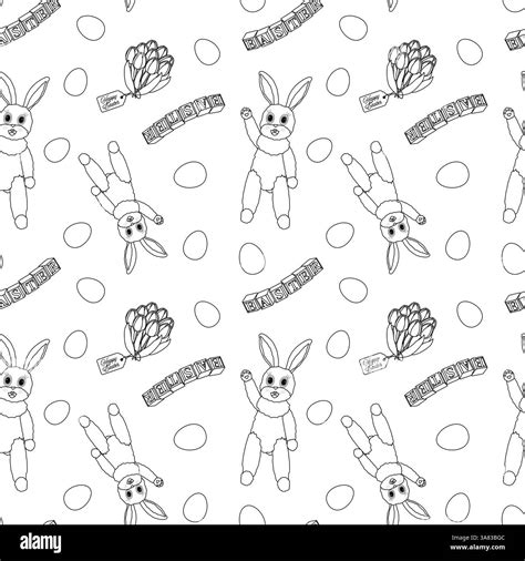 Black And White Seamless Pattern With Cute Easter Bunnies Eggs Tulips And Easter Text