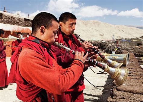 Tibetan Monks Playing Buddhist Horns Greeting Card By Hadynyah