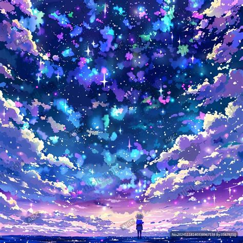Ai创作图二次元梦幻插画 唯美动漫背景 浪漫动漫洁白云朵 二次元背景 星辰大海女孩背影 梦幻星雨 星辰大海男孩背影 彩色流星雨插画 二次元梦幻 新海诚动漫风装饰画 梦幻天花板 梦幻童话流星雨