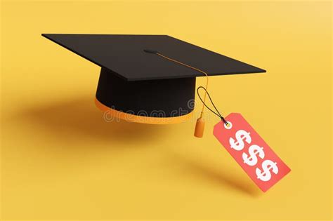 Red Price Tag Having White Dollar Signs Attached To A Black Graduate Cap With Orange Brim On