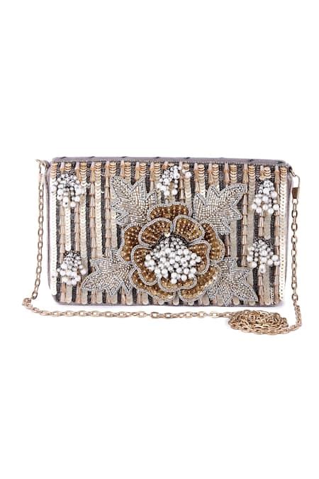 Buy Grey Bead Floral Embroidered Clutch By The Purple Sack Online At