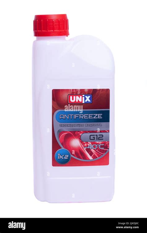 Moscow, Russia July 31,2022: Antifreeze UNIX G12 red. Canister with red ...