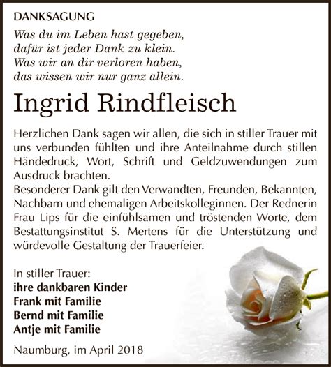 Traueranzeigen Von Ingrid Rindfleisch Abschied Nehmen De