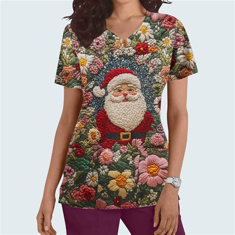 Cavosen Christmas Scrubs For Women Tops Short Sleeve V Neck Scrub Tops