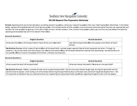 Research Plan Worksheet His 100 Research Plan Prepara2on Worksheet Prompt Applying What You