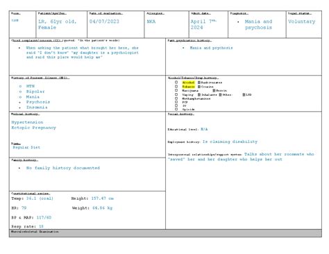 Psychiatric Worksheet Room 318b Patientagesex Lr 61yr Old Female